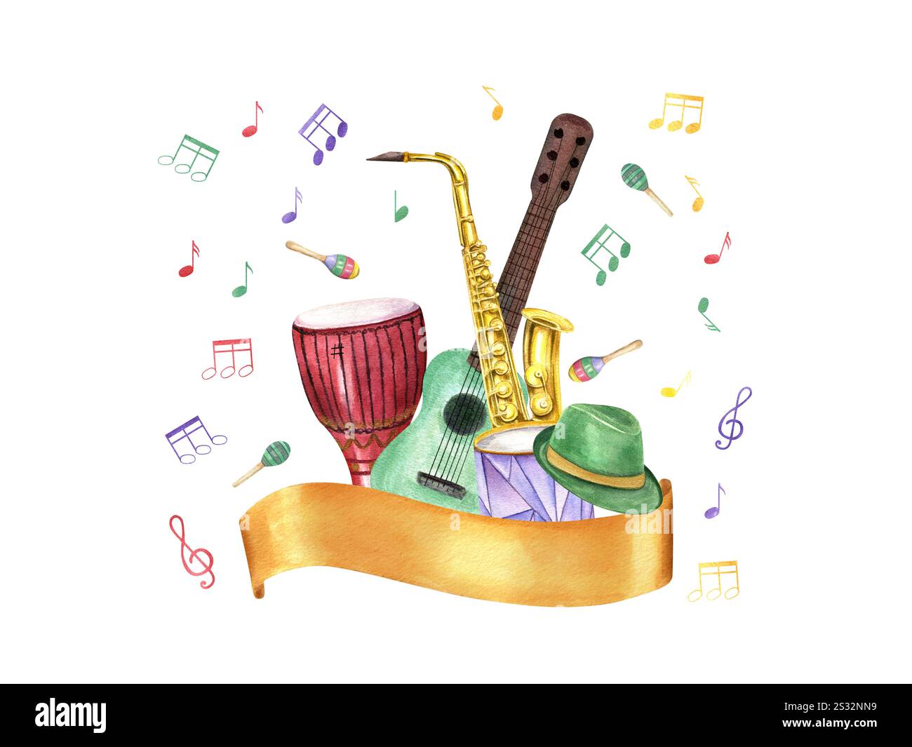 Music wind and percussion instruments, green hat, flying musical notes ...