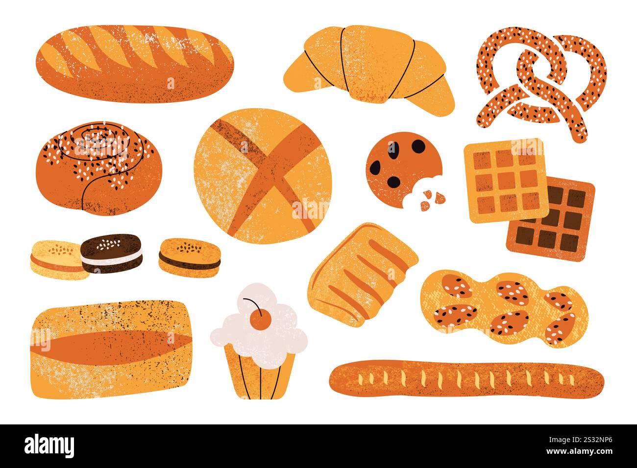 Bakery and pastry set. Bread assortment loafs buns cakes and sweet ...
