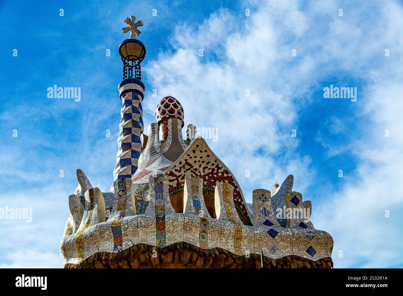 Top of Porters Lodge pavilions at Park Guell by Antoni Gaudi, domed ...
