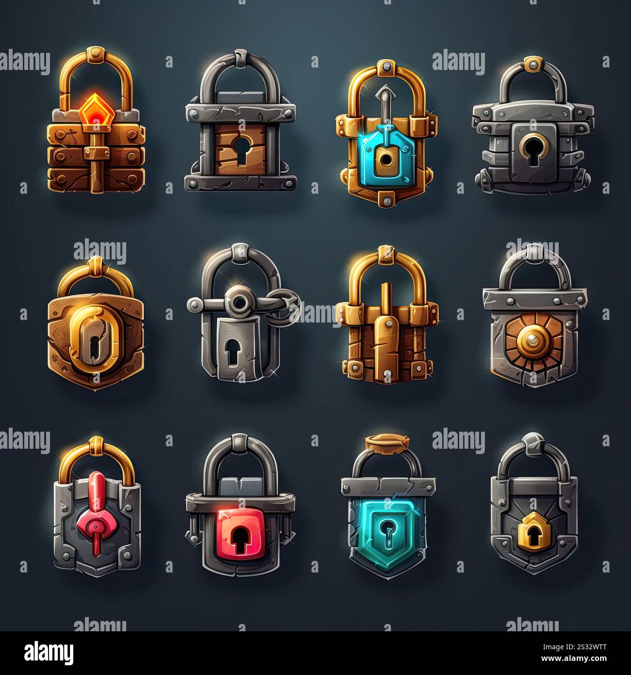 golden lock key game ai generated. open un, flat pad, ui metal golden ...