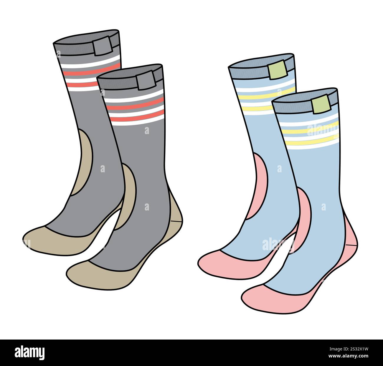 Cricket socks for men and women flat drawing vector design mockup ...