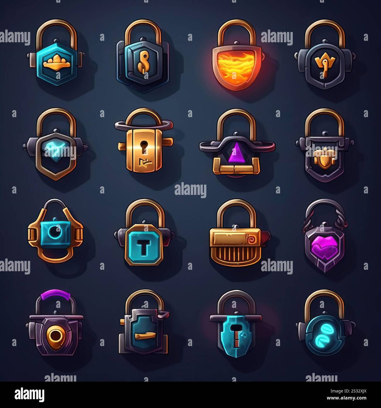 secret lock key game ai generated. security golden, open un, flat pad ...