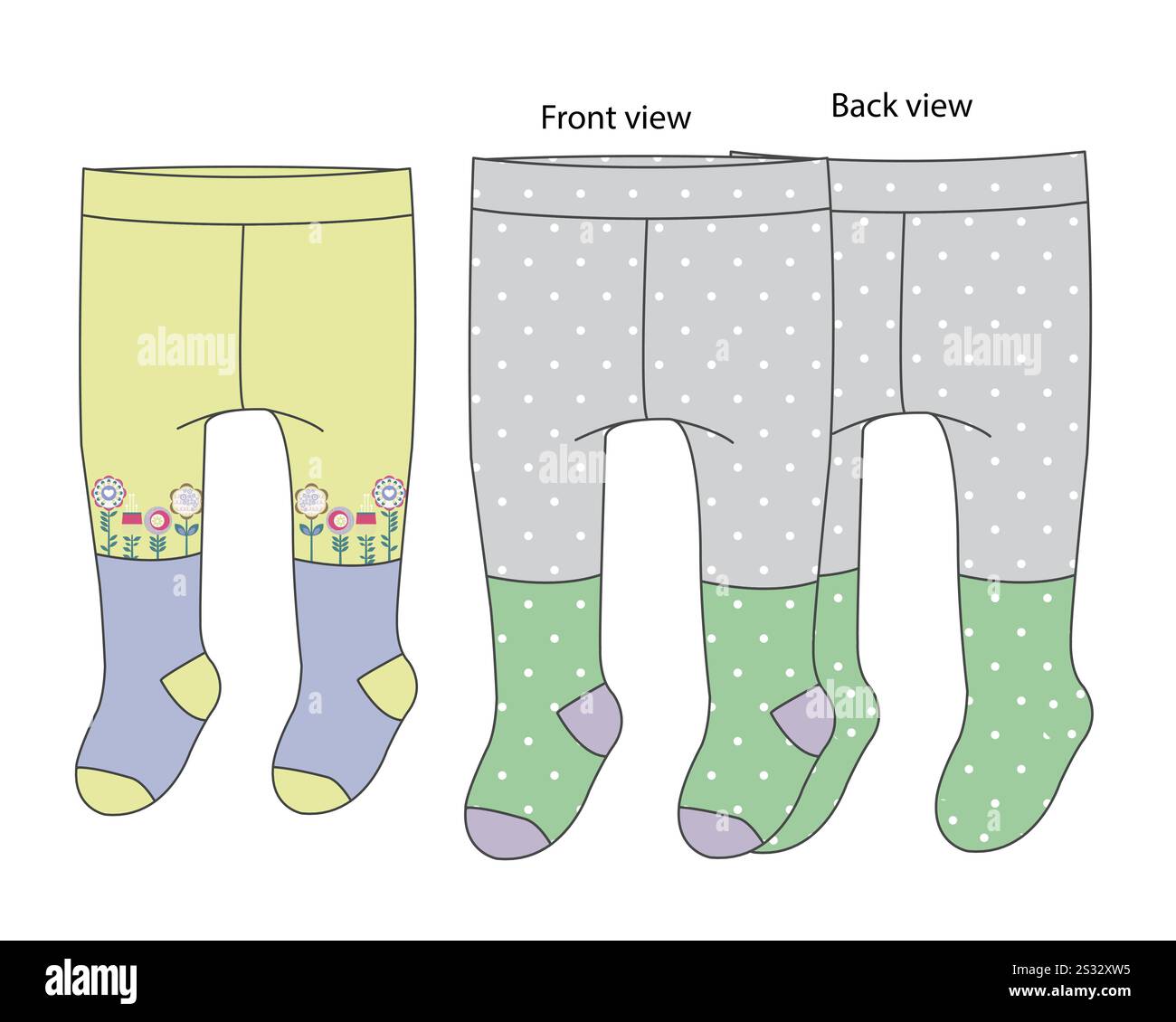Print tights for babies front and back view vector template technical ...
