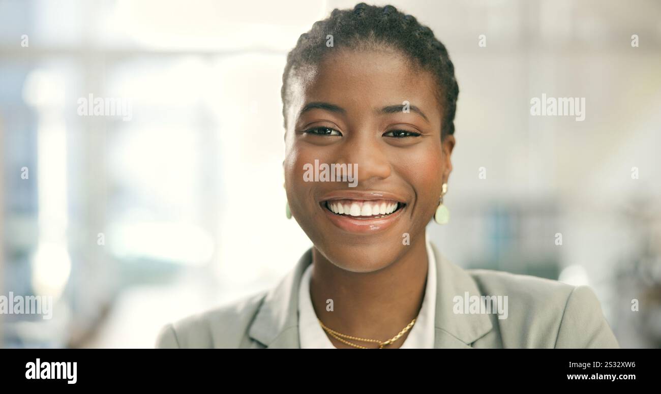 Portrait, smile and black woman in office, corporate workplace or ...