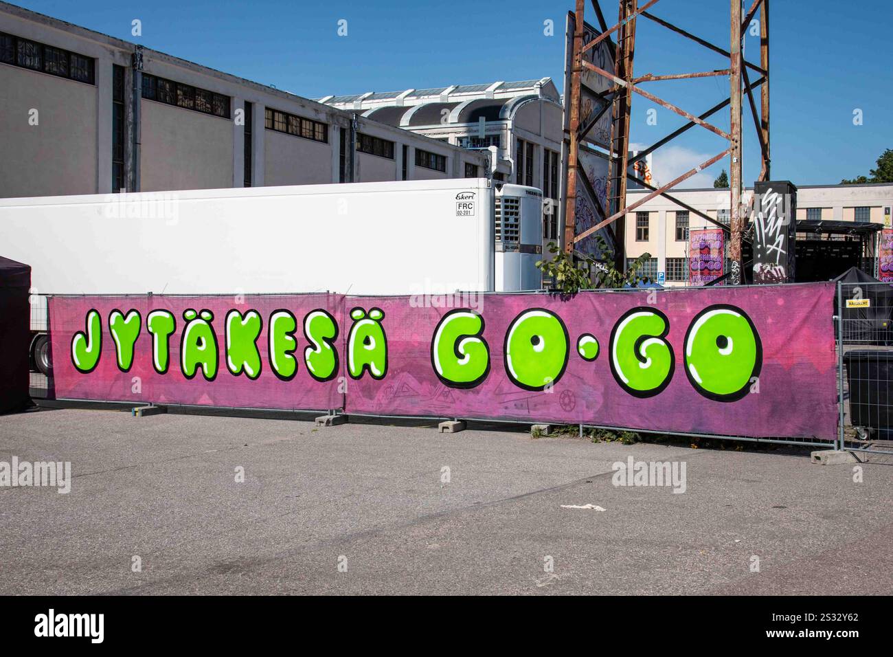 Graffiti banner on fence at Jytäkesä Go-Go 2024 urban rock festival in ...