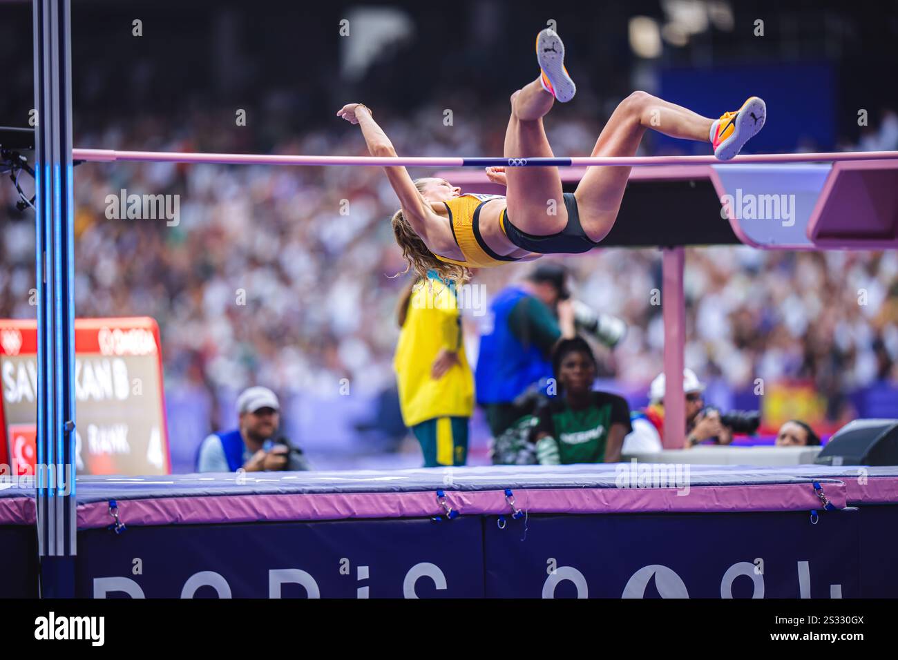 Christina Honsel participating in the high jump at the Paris 2024 ...