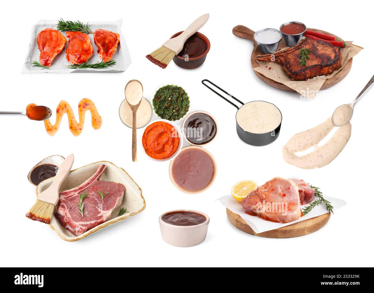 Marinade sauces and different types of marinated meat on white ...