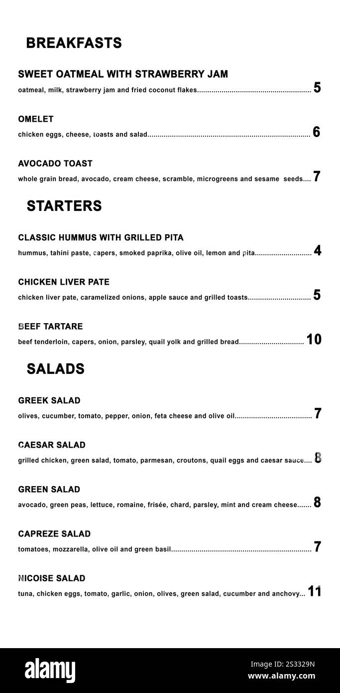 Menu with breakfasts, starters and salads, text on white background ...
