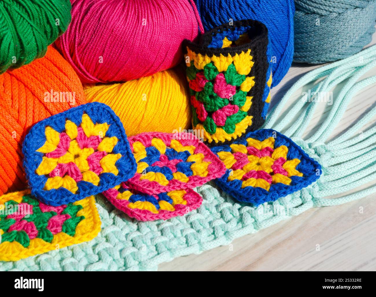 Crochet, handmade patterns and colorful threads. Colorful cotton granny ...