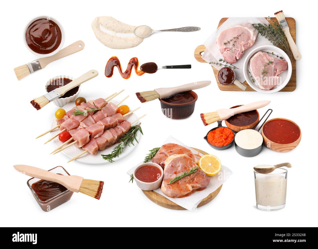 Marinade sauces and different types of marinated meat on white ...