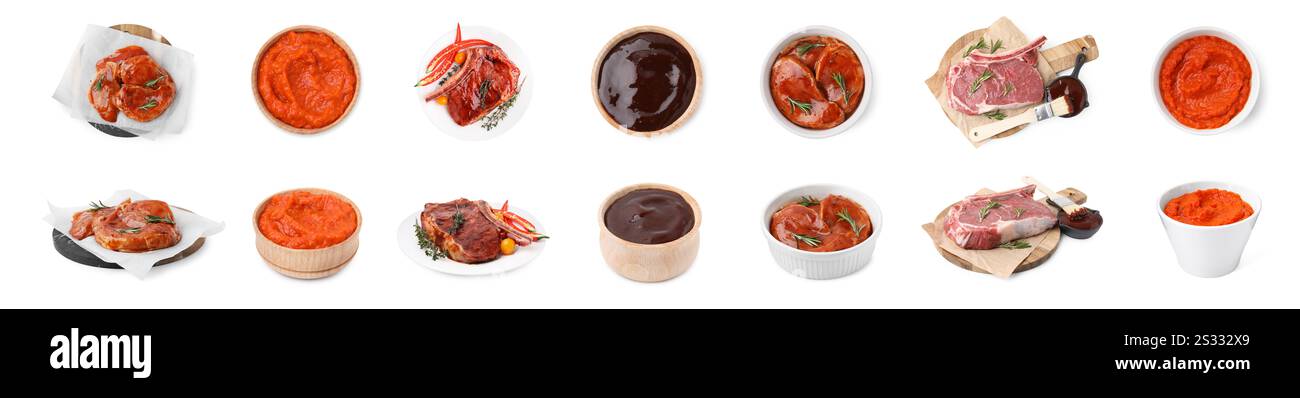 Marinade sauces and different types of marinated meat on white ...