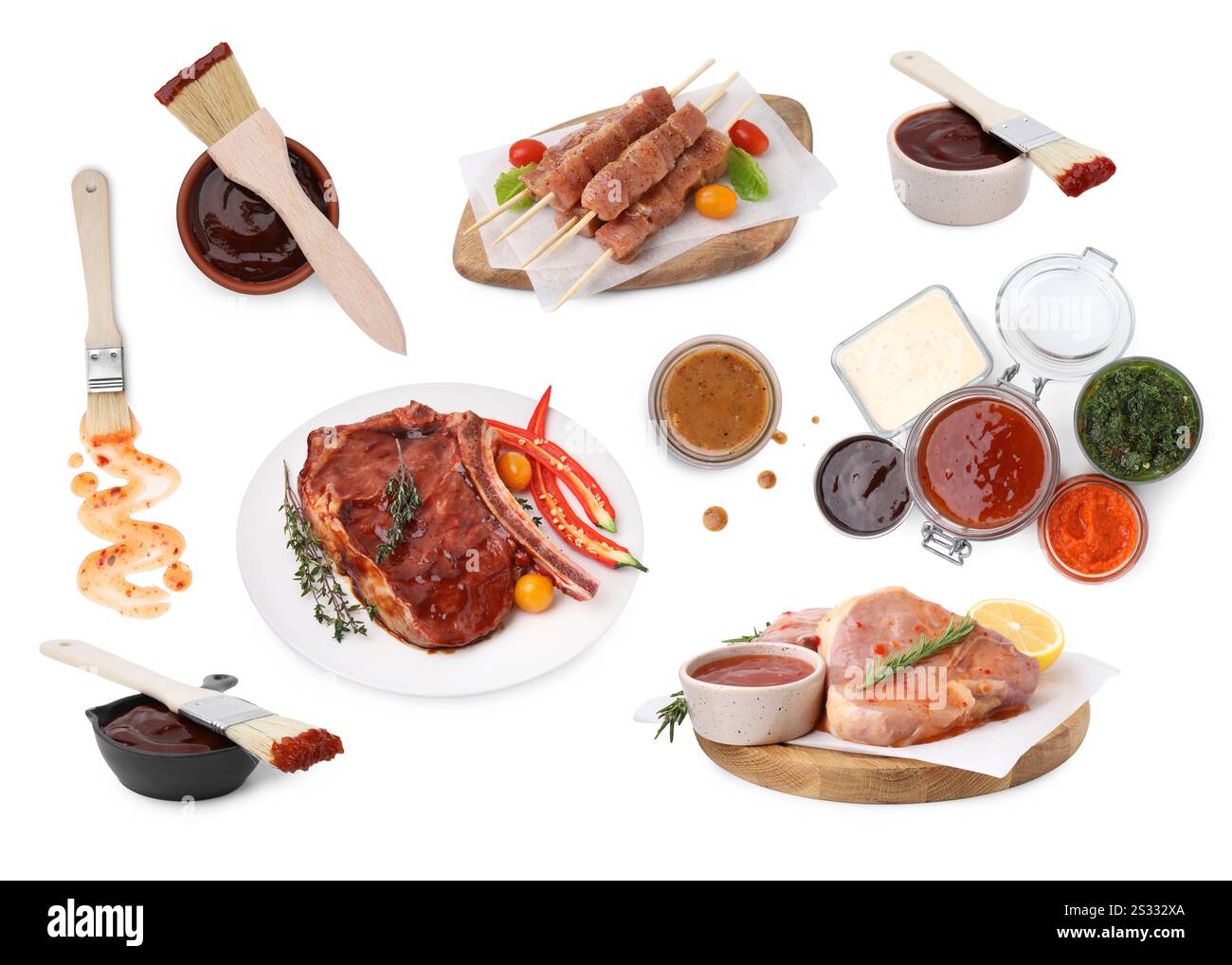 Marinade sauces and different types of marinated meat on white ...