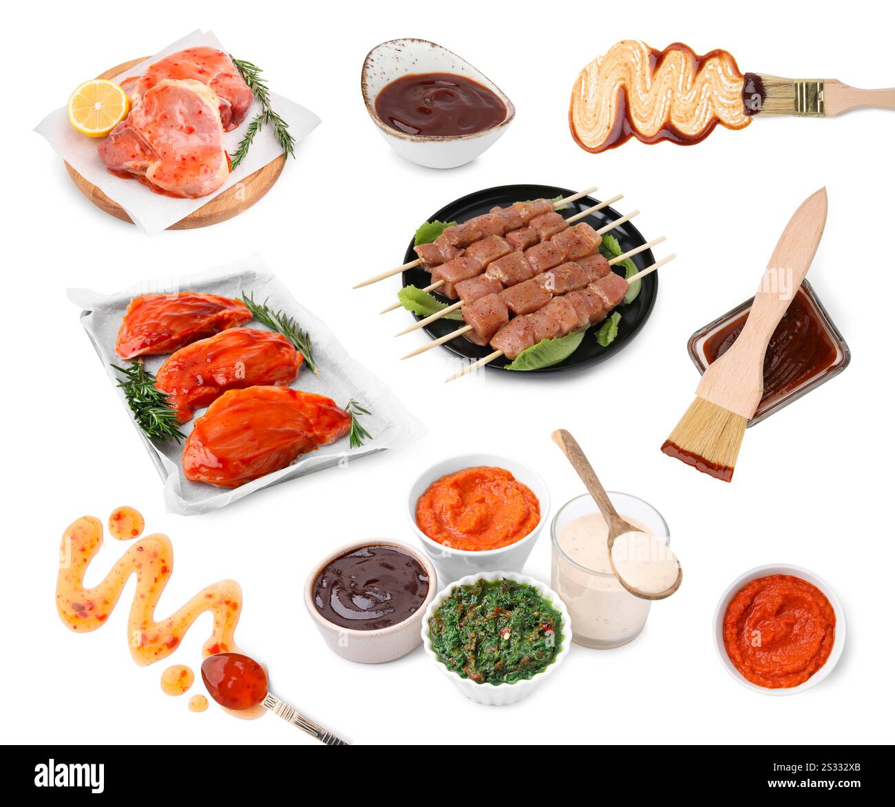 Marinade sauces and different types of marinated meat on white ...