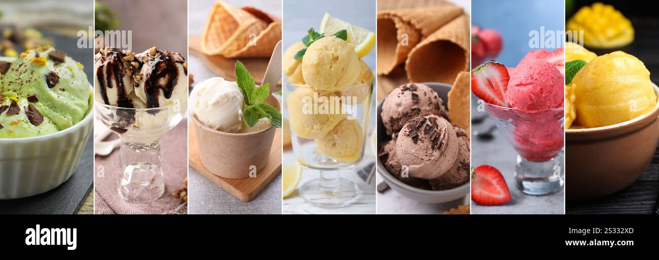 Yummy ice cream of different flavors, collage Stock Photo - Alamy