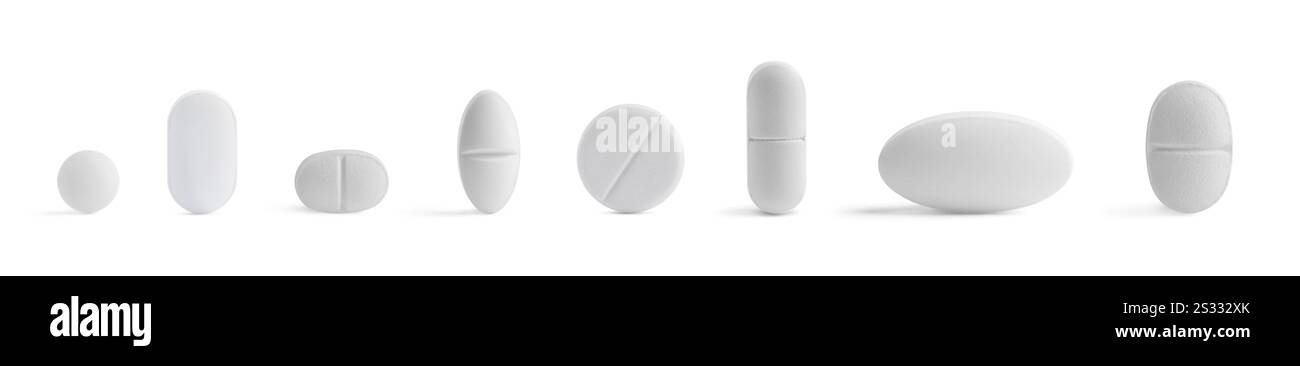 Different pills in row isolated on white, set Stock Photo - Alamy