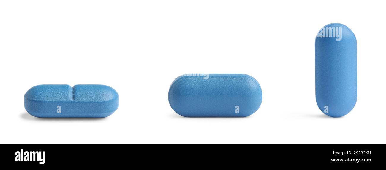 Blue pill isolated on white, different sides Stock Photo - Alamy