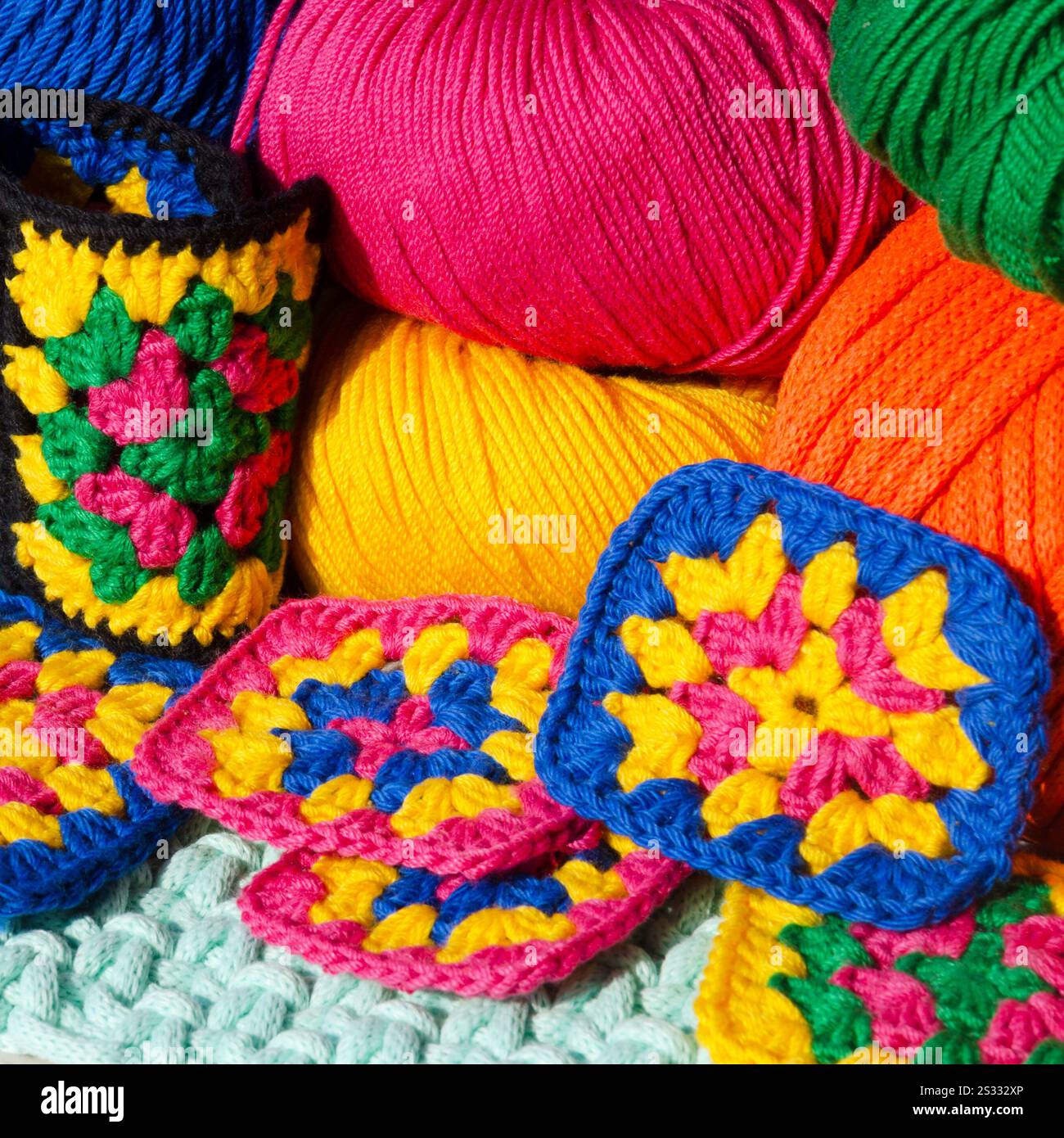 Crochet, handmade patterns and colorful threads. Colorful cotton granny ...