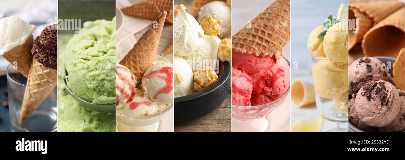 Yummy ice cream of different flavors, collage Stock Photo - Alamy