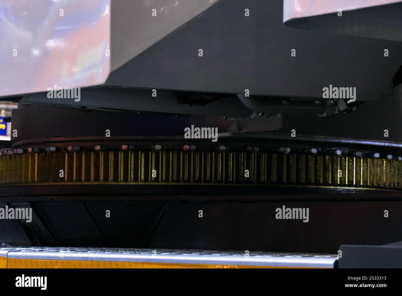 A close-up view of a mobile crane, focusing on the slewing ring and ...