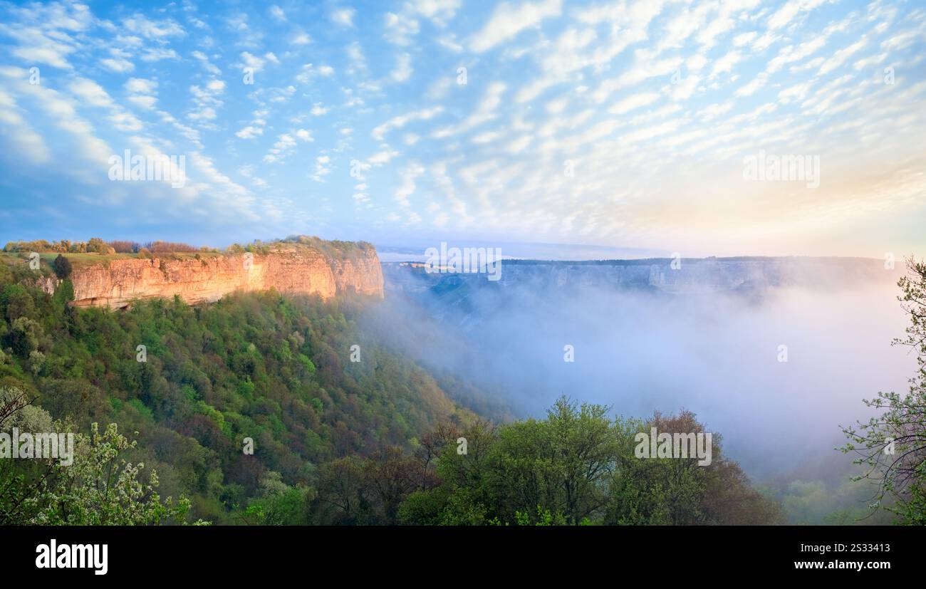 Morning misty view from top of Mangup Kale - historic fortress and ...