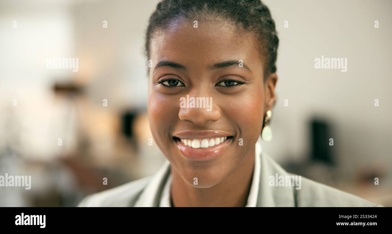 Portrait, happy and black woman in business, office or corporate ...