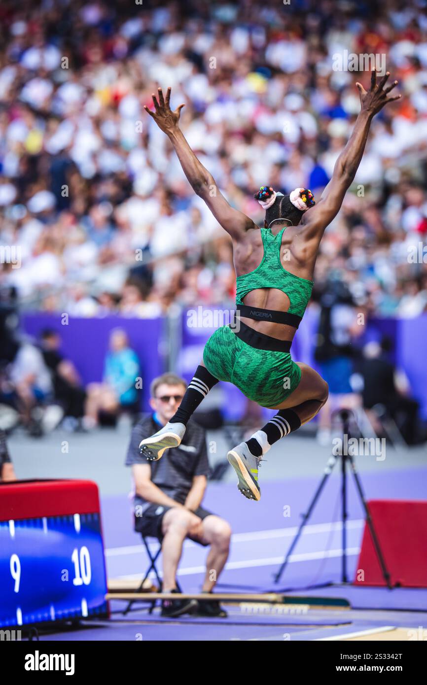 Prestina Oluchi Ochonogor participating in the long jump at the Paris ...