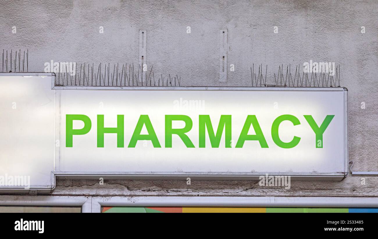 Illuminated Sign Pharmacy Drug Store With Birds Control Protection ...