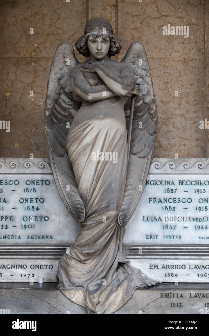 Genoa, Italy - August 17, 2024: cemetery statue of sad angel expressing ...