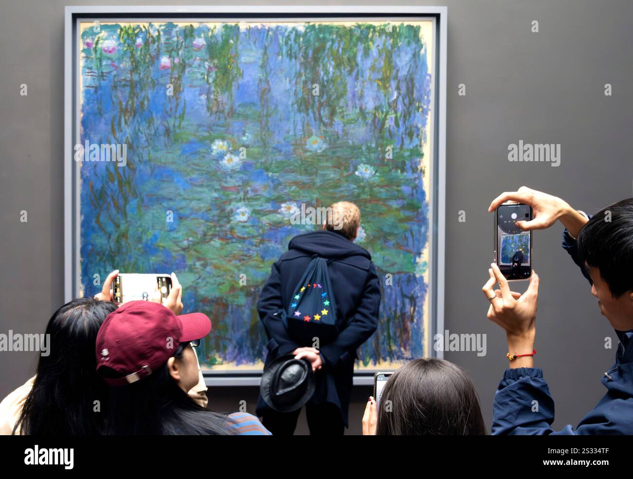 people looking and photographing Claude Monet's Water Lillies painting ...
