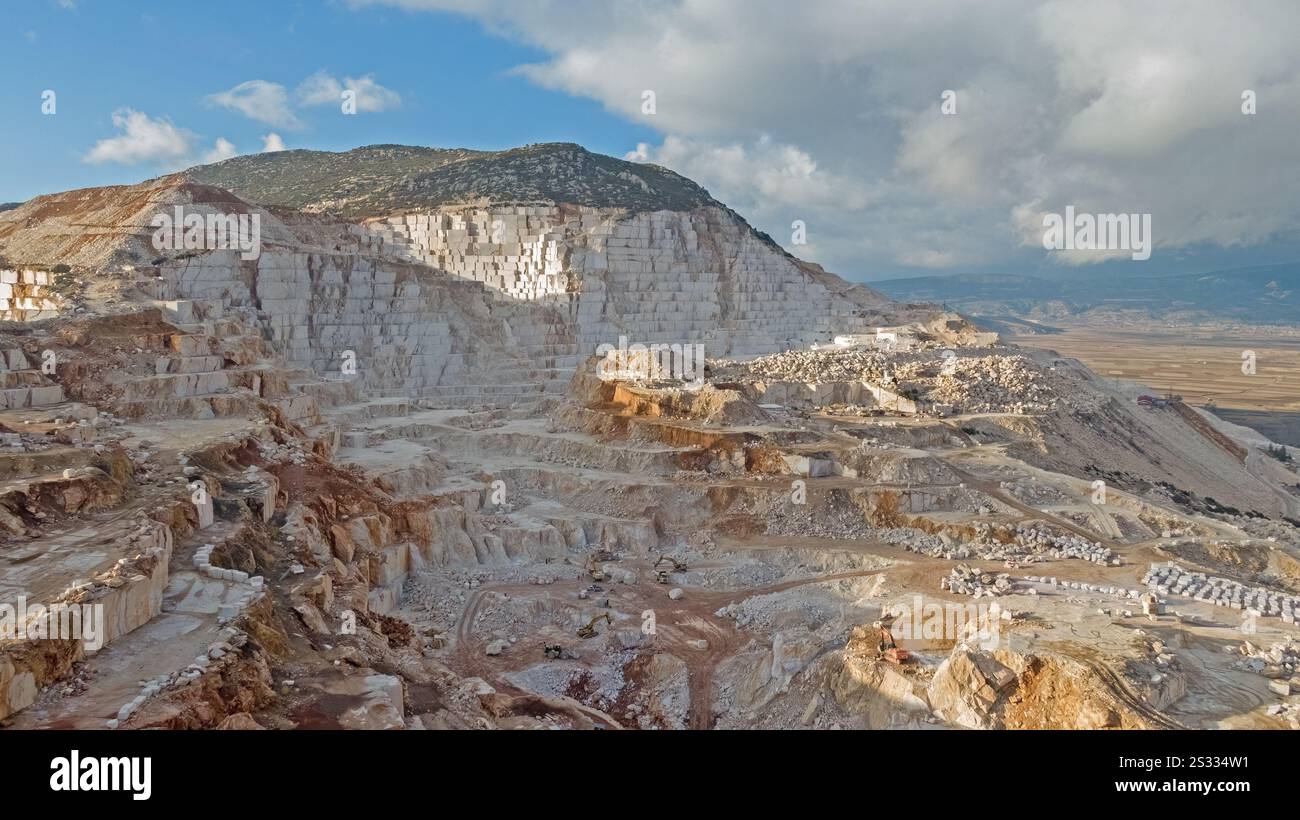 Aerial panorama of marble quarries in Burdur, Turkey. Marble quarry top ...