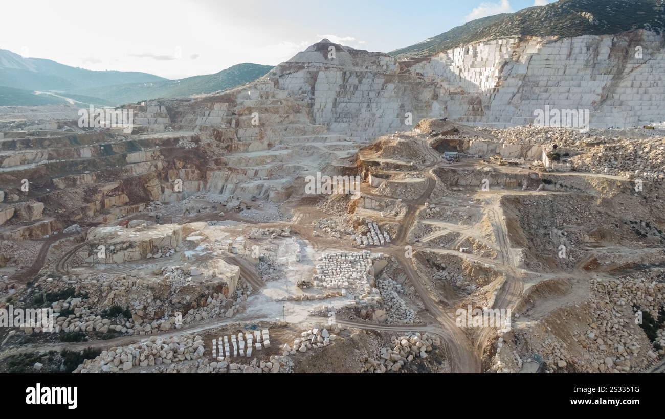 Aerial panorama of marble quarries in Burdur, Turkey. Marble quarry top ...