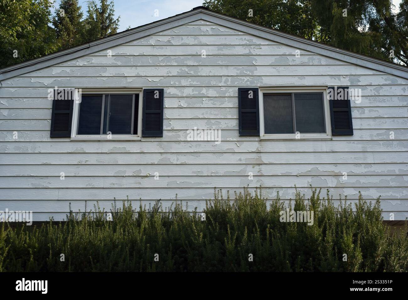 Detail of peeling paint on the aluminum siding on the upper level of a ...