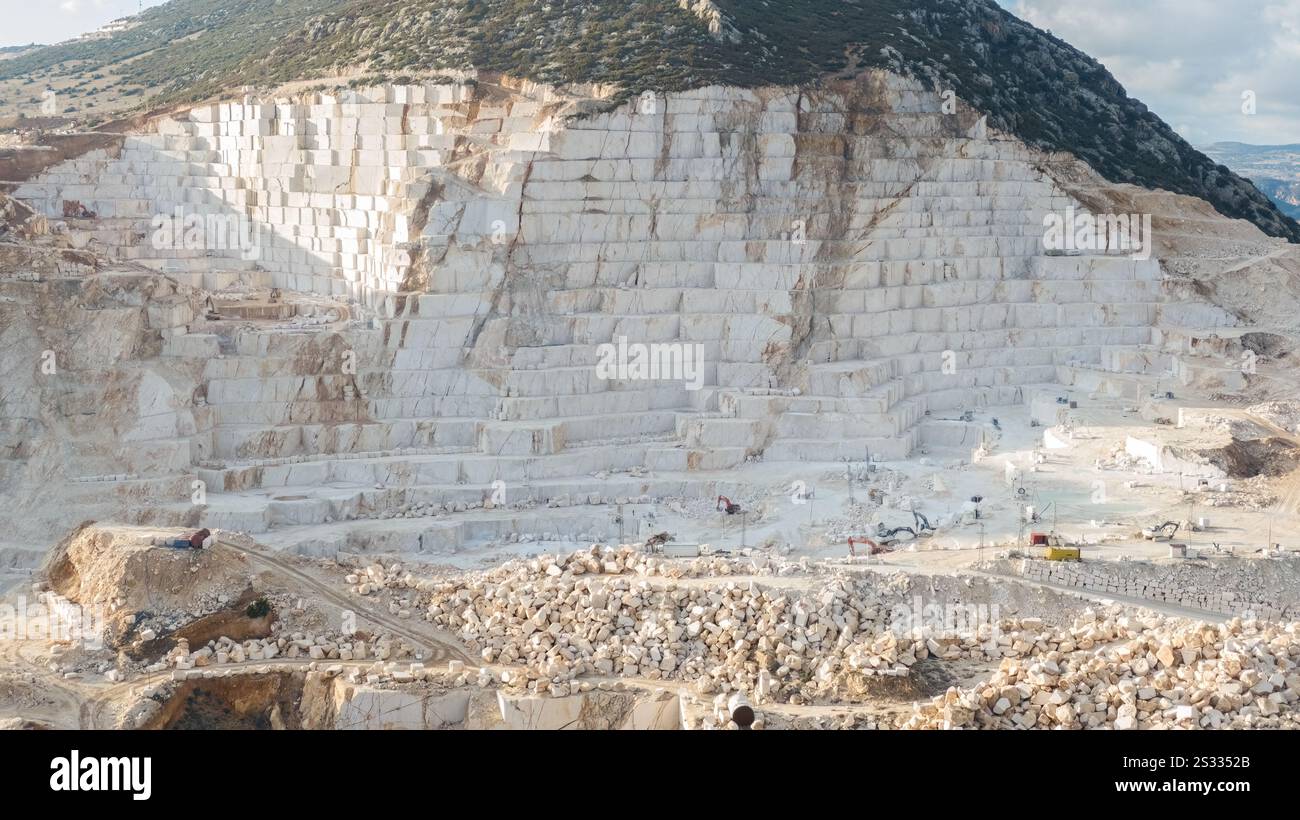 Aerial panorama of marble quarries in Burdur, Turkey. Marble quarry top ...