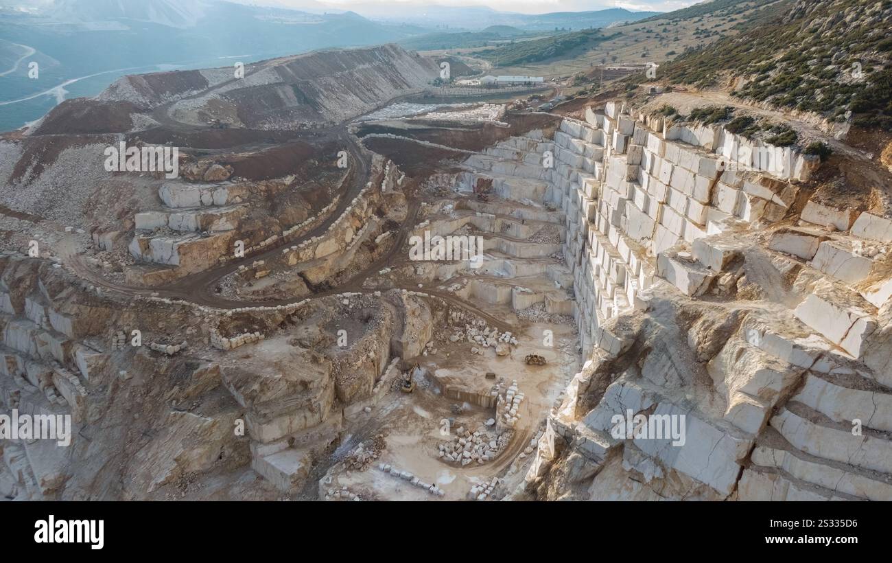 Aerial panorama of marble quarries in Burdur, Turkey. Marble quarry top ...