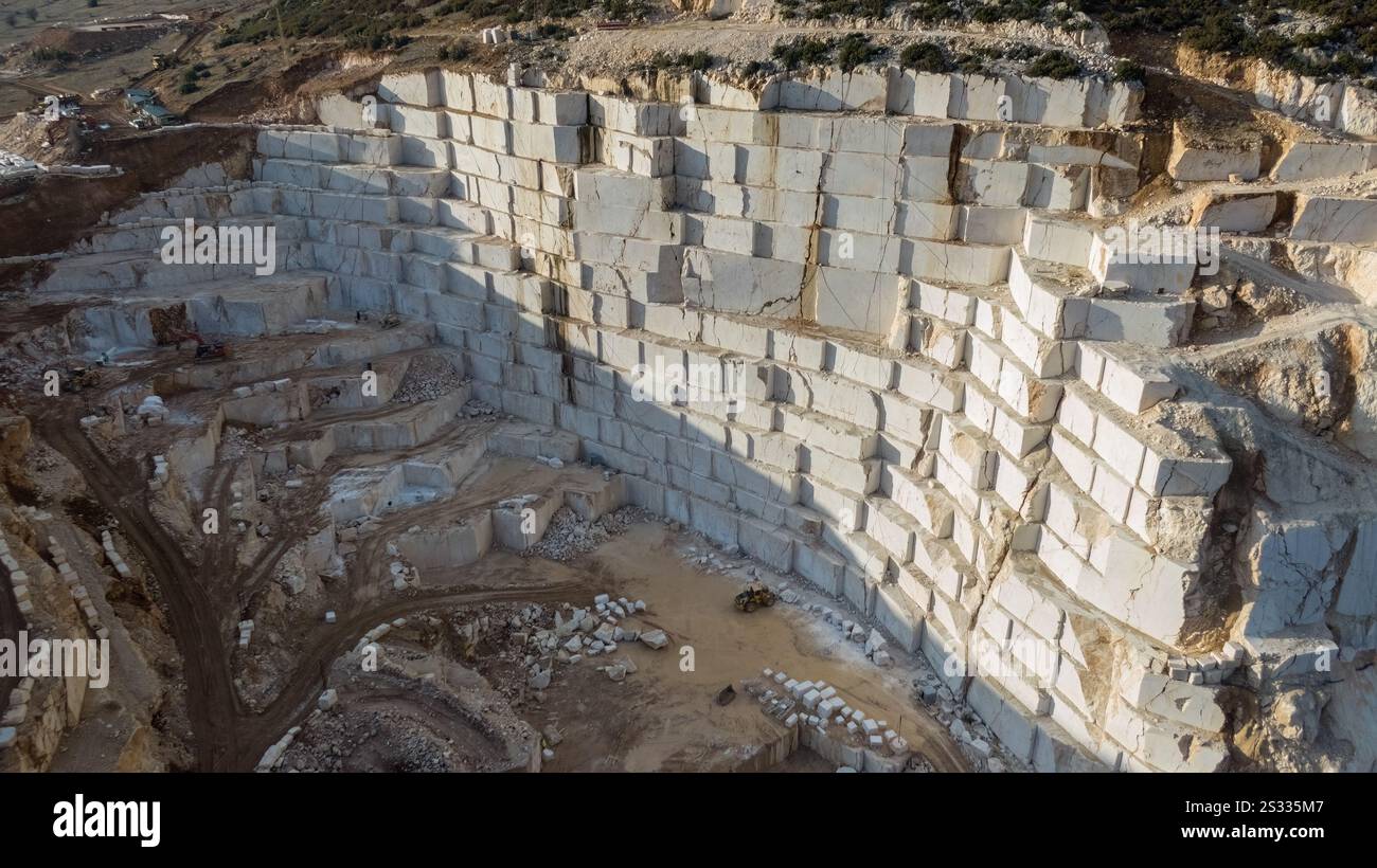 Aerial panorama of marble quarries in Burdur, Turkey. Marble quarry top ...