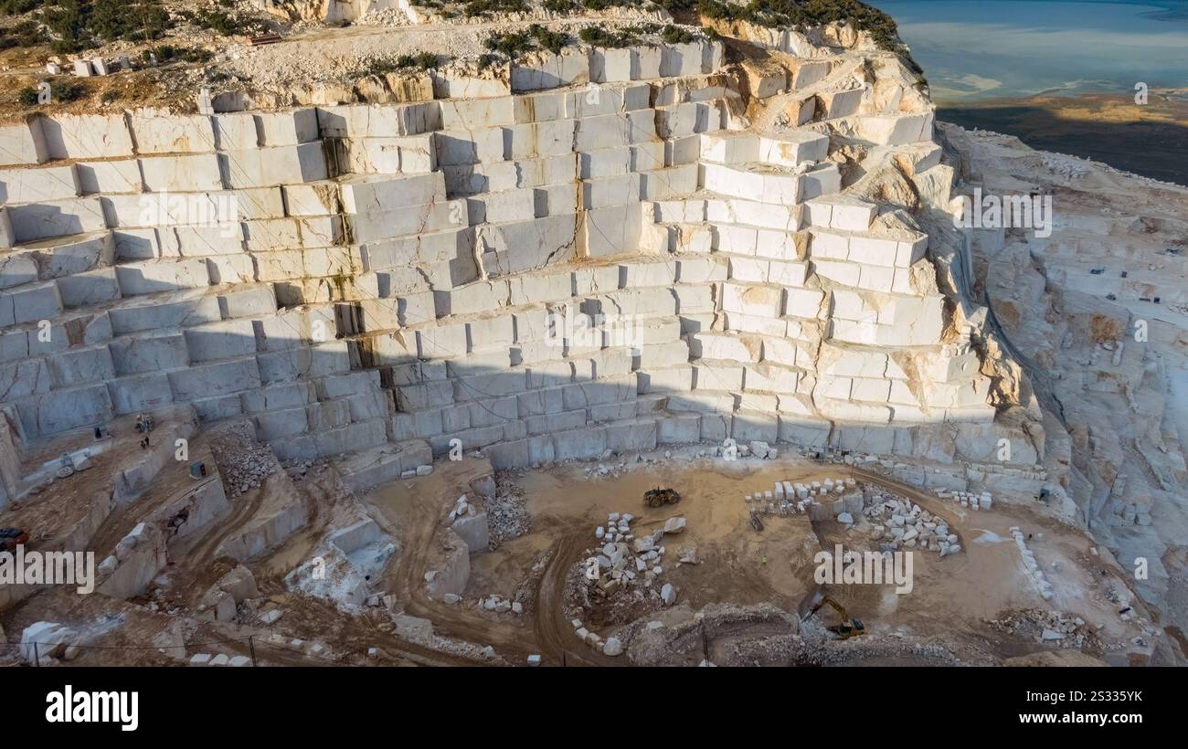 Aerial panorama of marble quarries in Burdur, Turkey. Marble quarry top ...