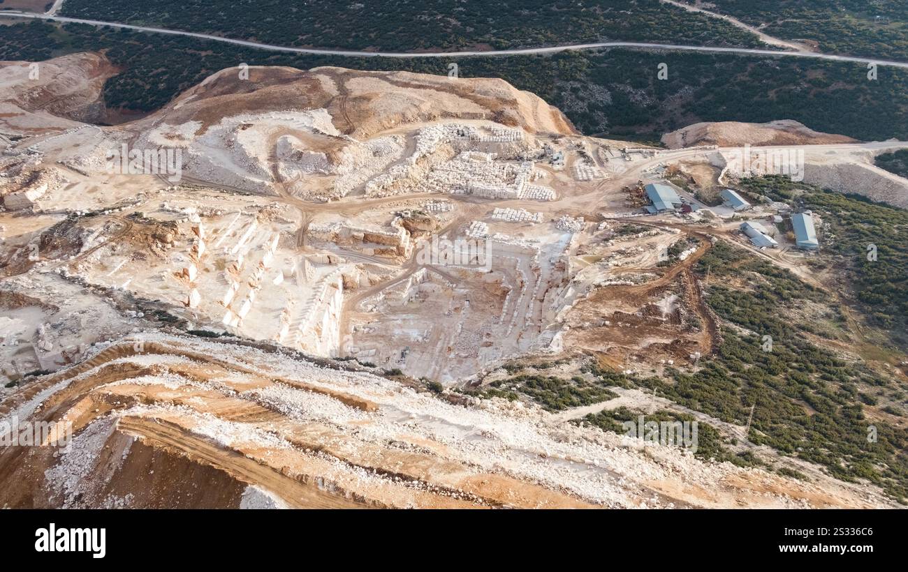 Aerial panorama of marble quarries in Burdur, Turkey. Marble quarry top ...