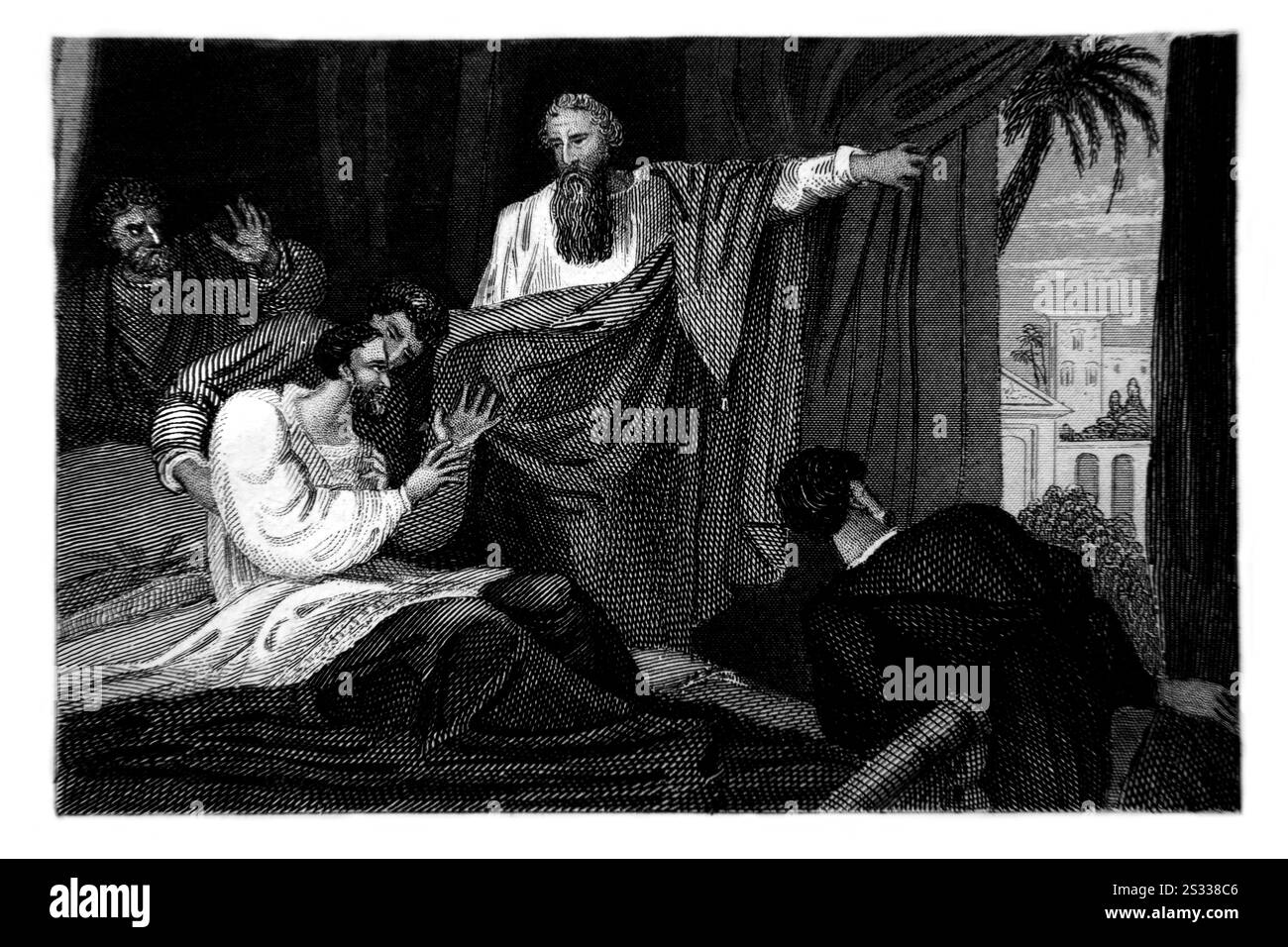 Steel Engraving of The Shadow of the Dial (Isaiah) - King Hezekiah was on his Death bed when he ...