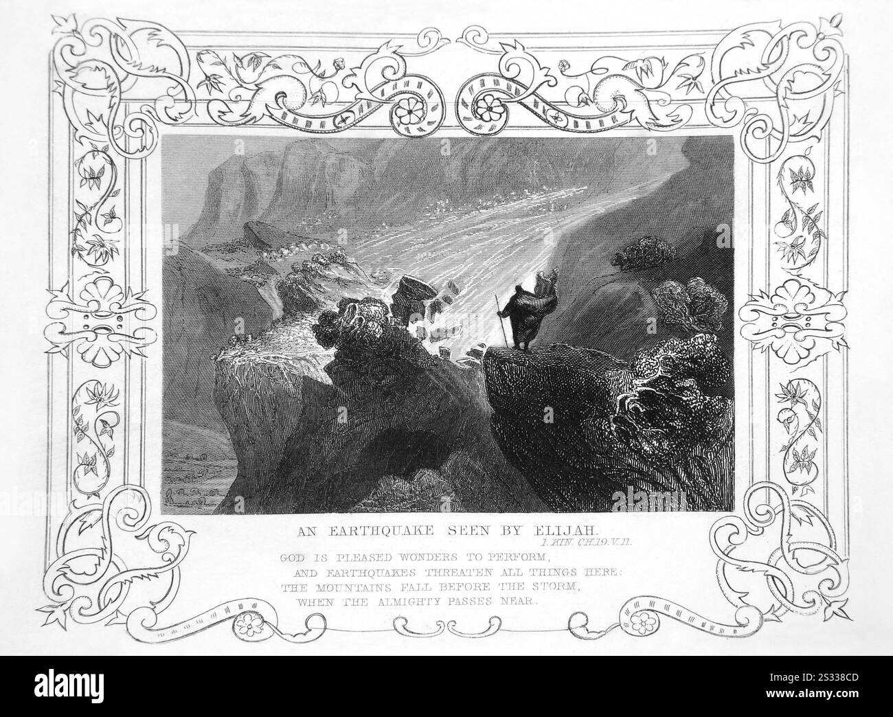 Steel Engraving of an Earthquake seen by Elijah (Kings) The Lord speaks ...