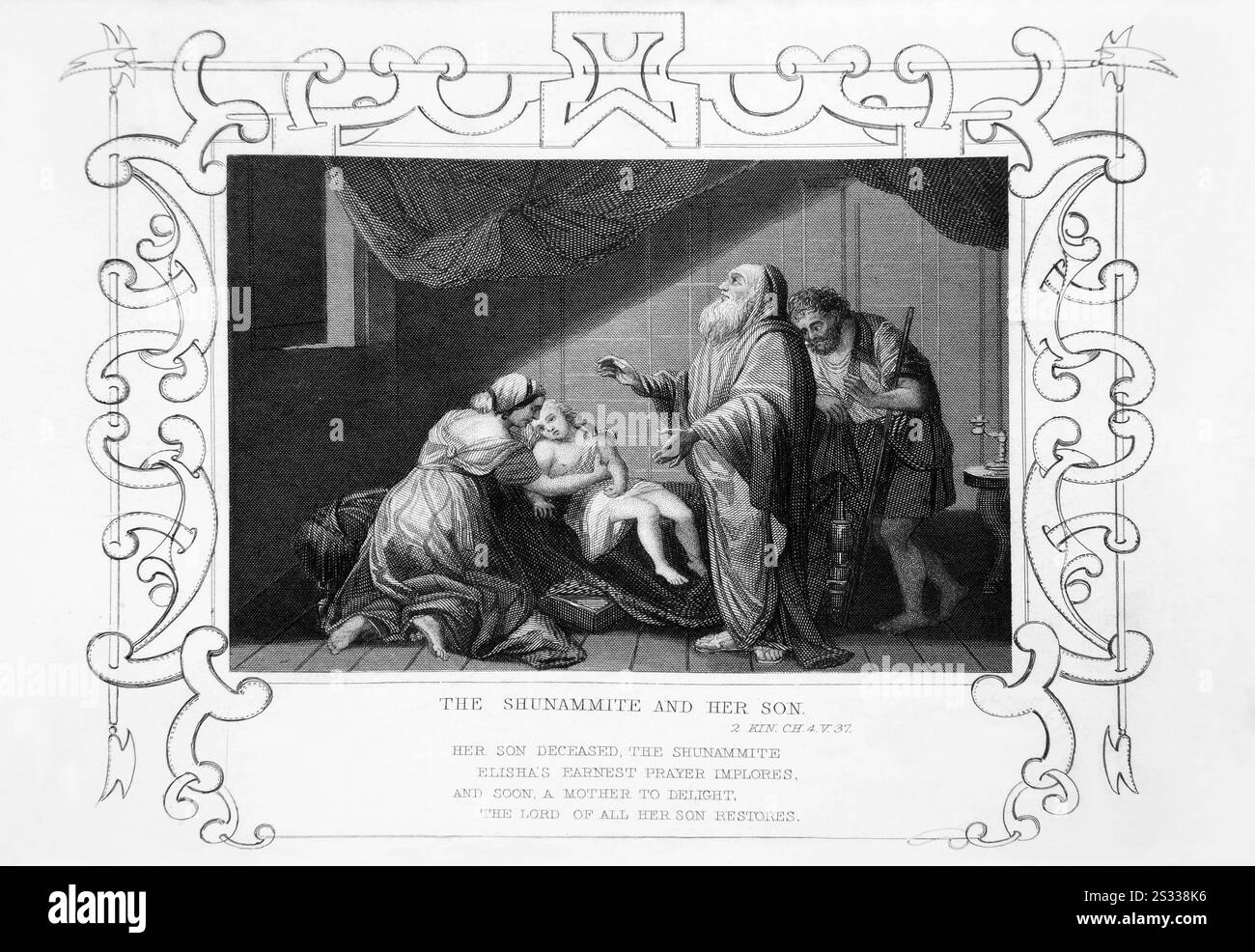 Steel Engraving of Elisha Raising the Son of the Shunamite (2 Kings 4: ...
