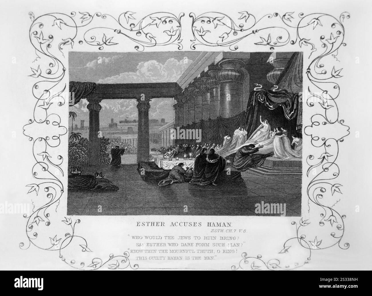 Steel Engraving of Esther Accusing Haman (Esther 7:8) At her Second ...
