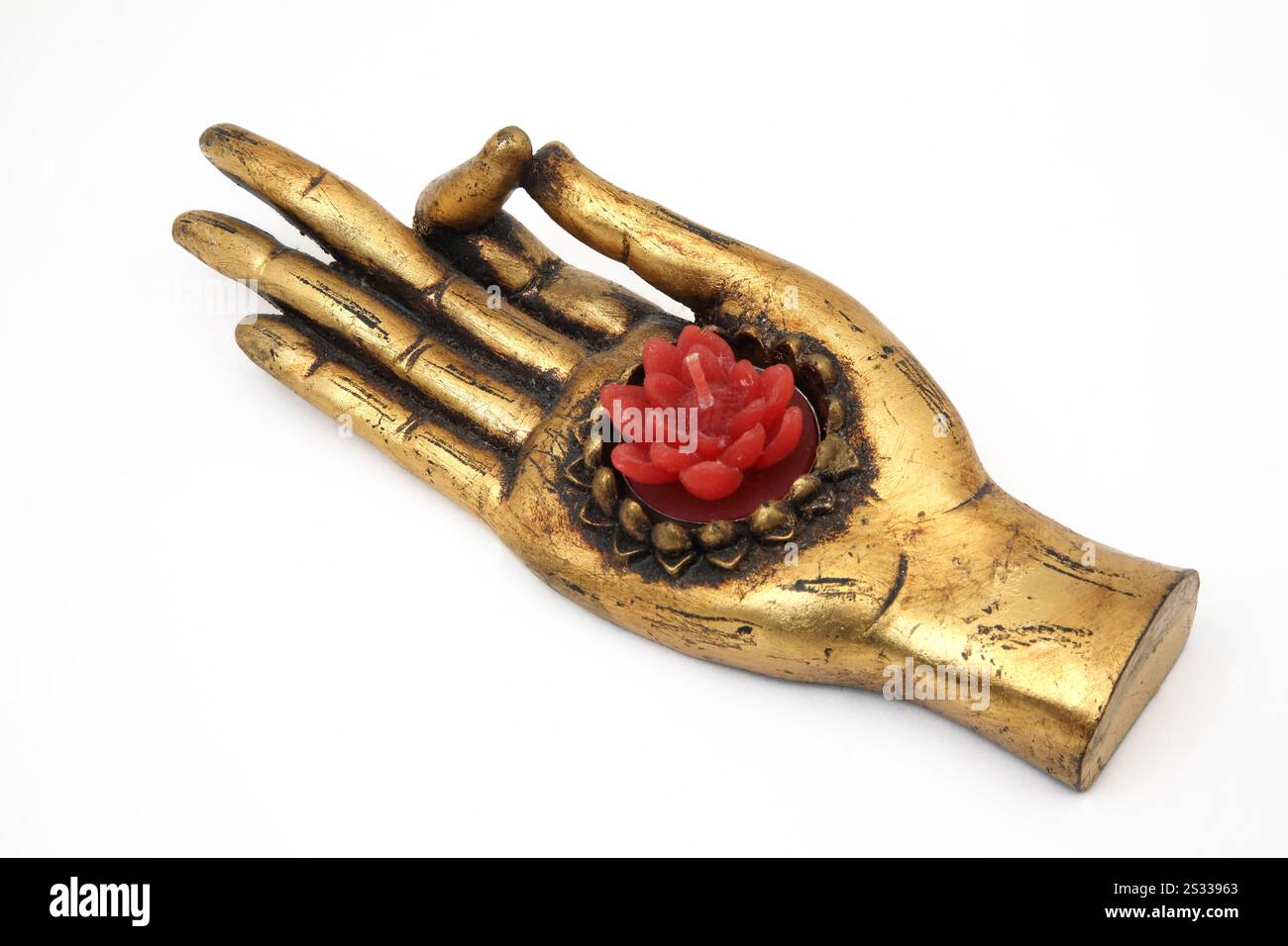 Buddha Hand with Mudra Gesture and Lotus Candle Stock Photo - Alamy