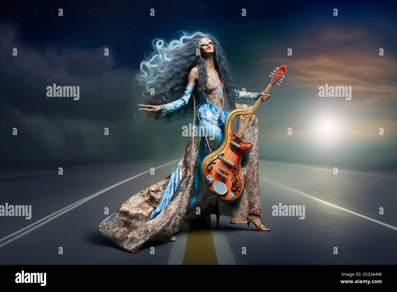 Beautiful rock star woman with electric guitar. Neural network AI ...