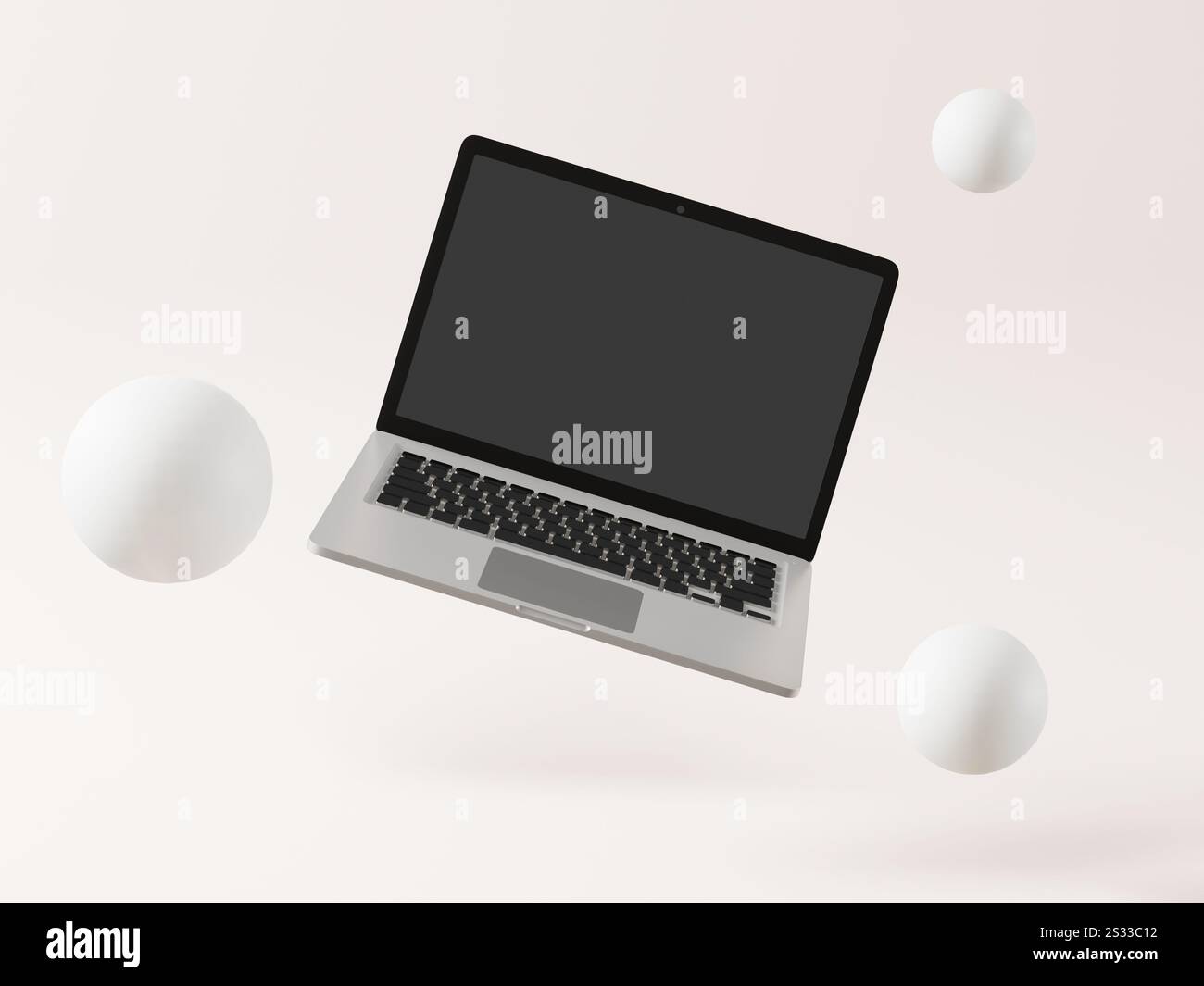 3d laptop with white balls on white background Stock Photo - Alamy