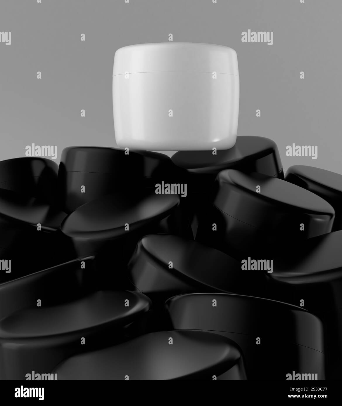 The white cream jars were placed on top of many black jars Stock Photo ...