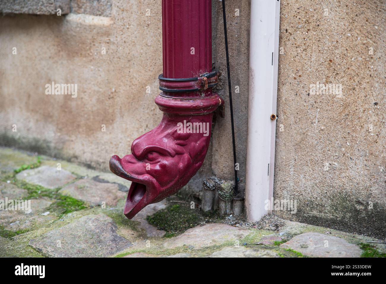 Red metal gutter in the shape of an animal's head in the streets of Le ...
