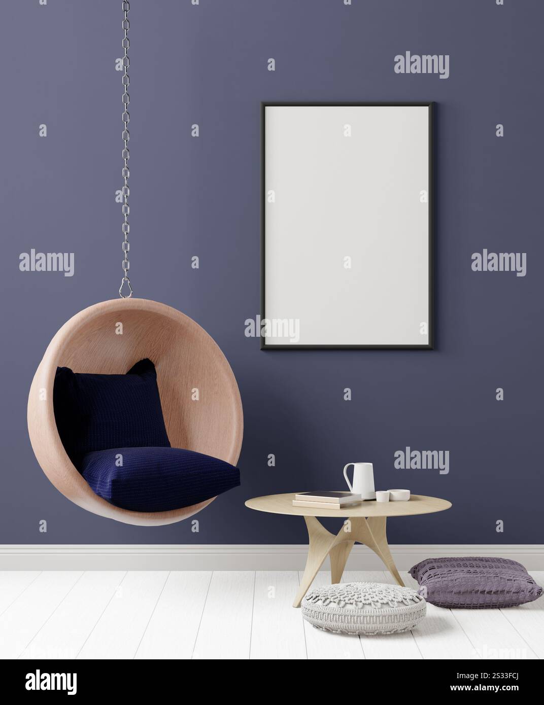 Living room with hammock, table and picture frame on the wall Stock ...