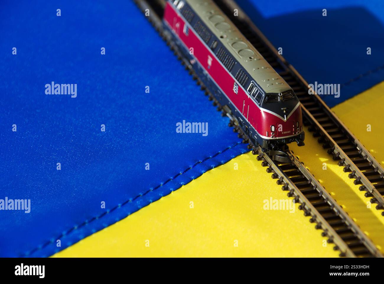 Model of a locomotive on the Ukrainian flag. Ukrainian railway Stock ...