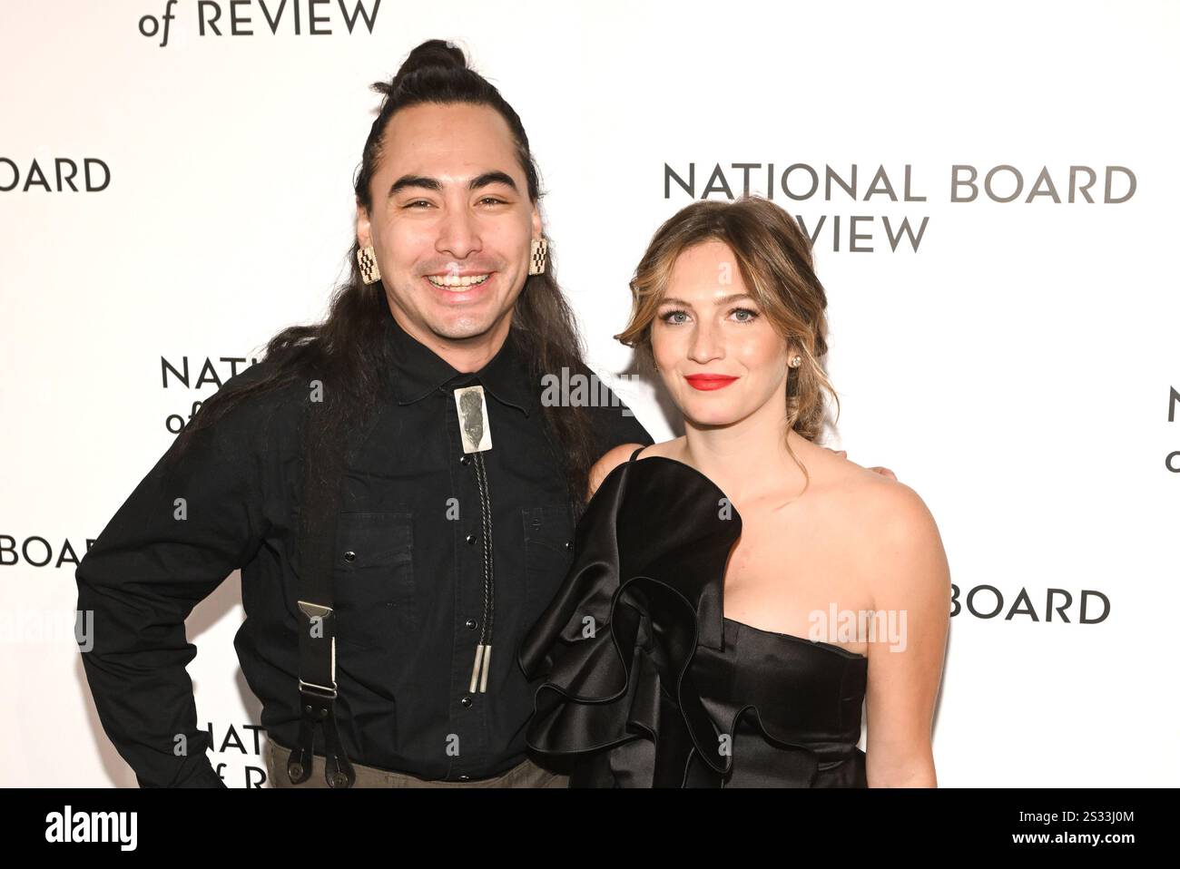 Julian Brave NoiseCat and Emily Kassie attend the 2025 National Board of Review Gala at Cipriani ...