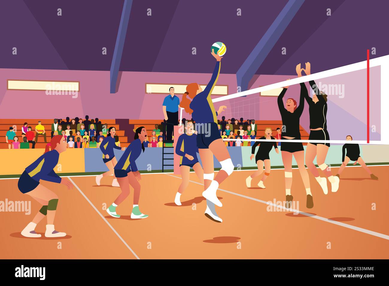 A vector illustration of High School College Girls Indoor Volleyball ...